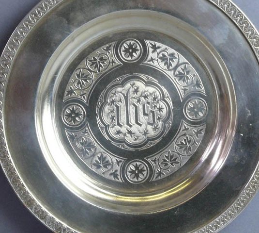 SMALL SILVER COMMUNION PLATE ENGRAVED DETAIL - Authentic antique prop ...