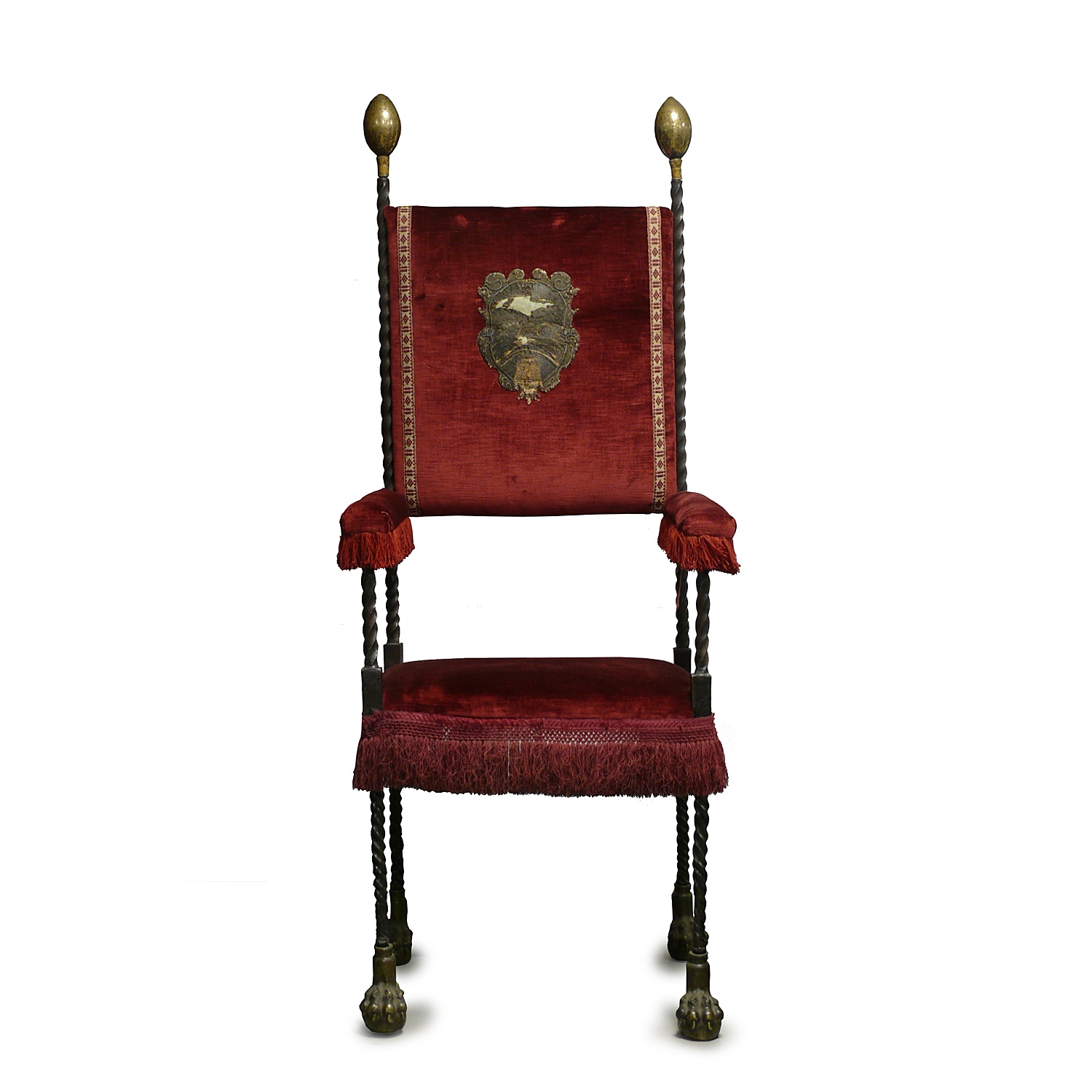 LARGE EARLY 16TH CENT. ITALIAN WROUGHT IRON PAPAL THRONE CHAIR WITH RED ...