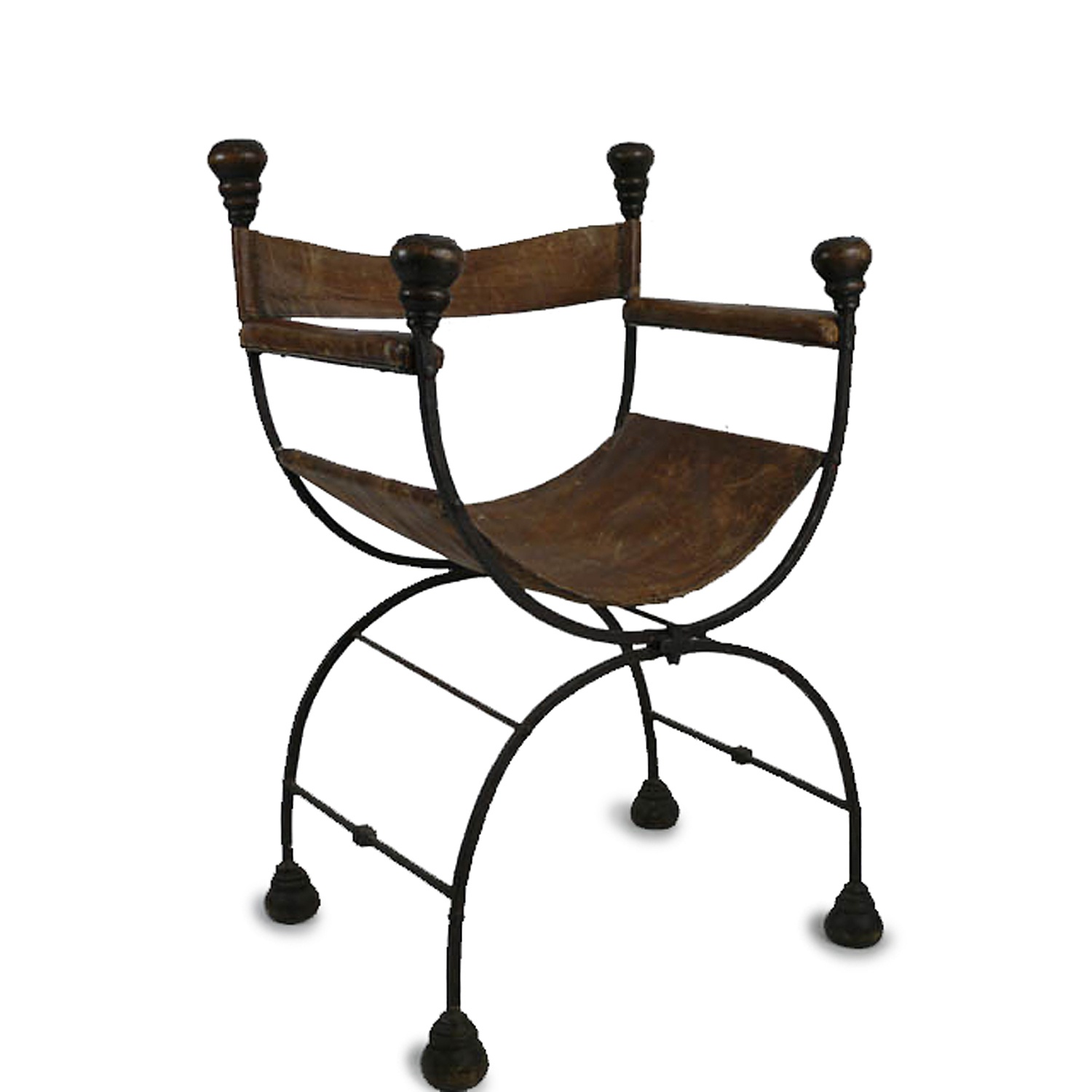 EARLY ROMAN STYLE X FRAME WROUGHT IRON THRONE CHAIR TAN LEATHER SLUNG ...