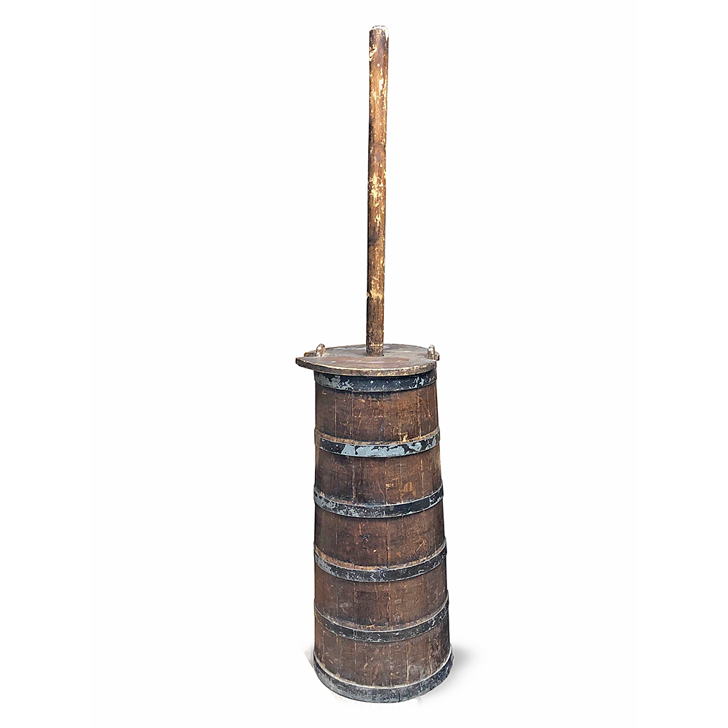 TALL DARK WOOD BUTTER CHURN / BARREL WITH LID AND POLE METAL BOUND 126 ...