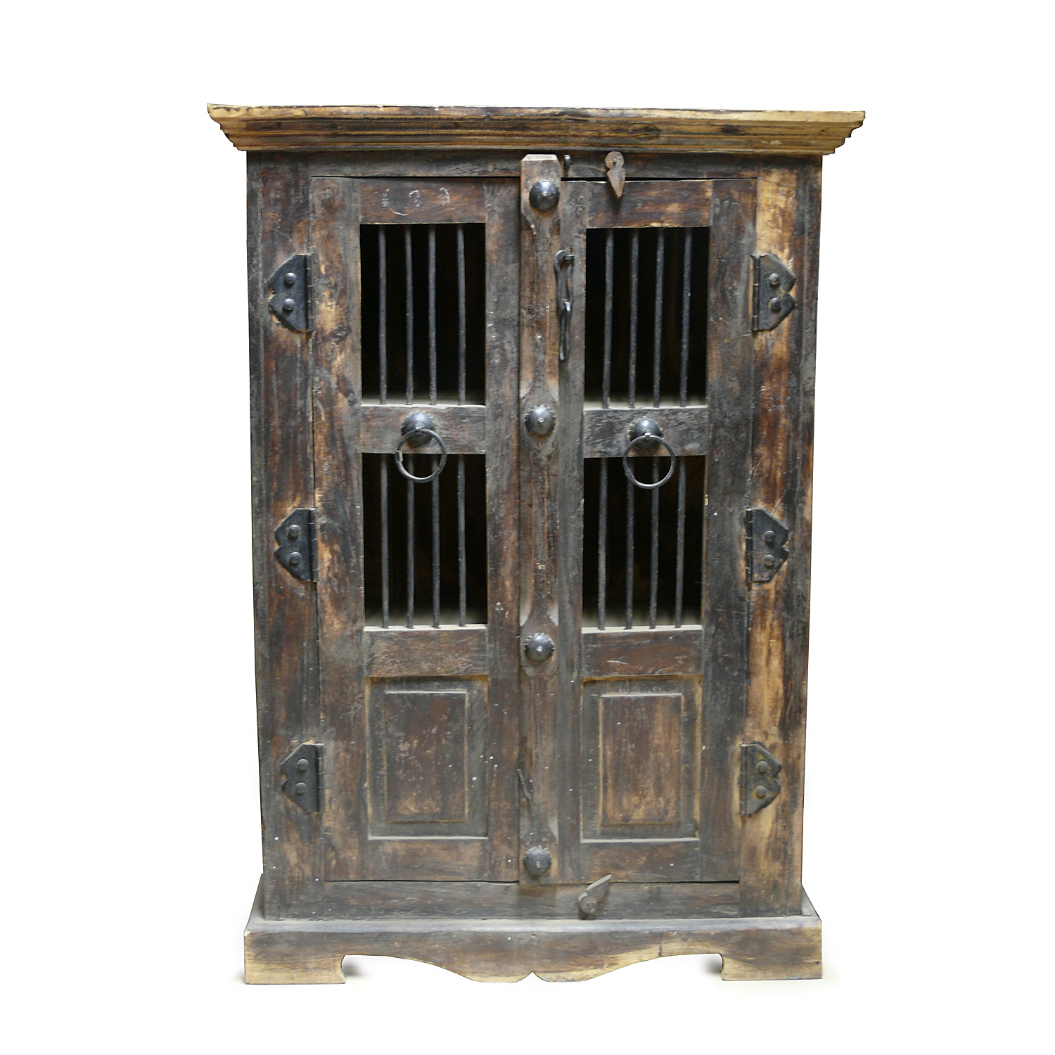 LOW DARK WOOD ROMAN STYLE CUPBOARD WITH IRON BAR DOORS AND RING HANDLES ...