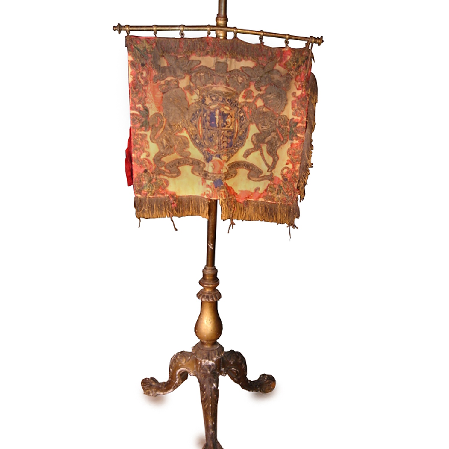 GEORGIAN CARVED AND GILDED POLE SCREEN WITH WORN GOLD NEEDLEWORK ...