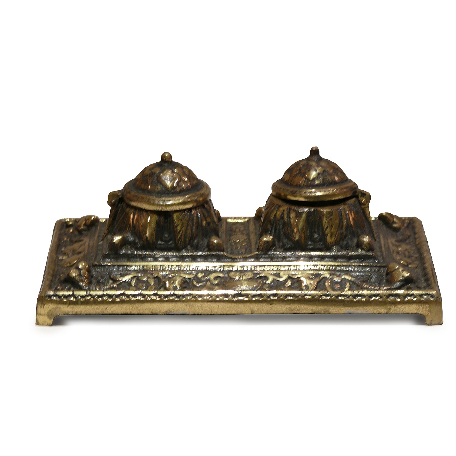SMALL CAST BRASS INK SET WITH TWO DOMED WELLS - Authentic antique prop ...