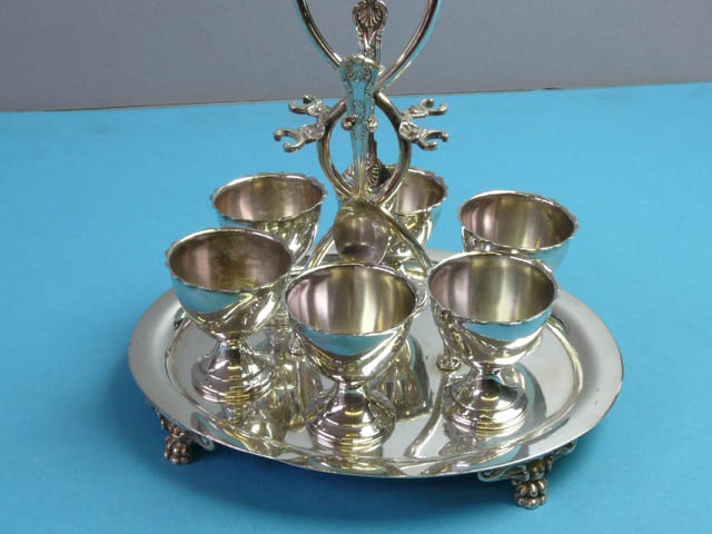 E.P. SILVER BOILED EGG STAND WITH SIX EGG CUPS - Prop hire for film, TV ...