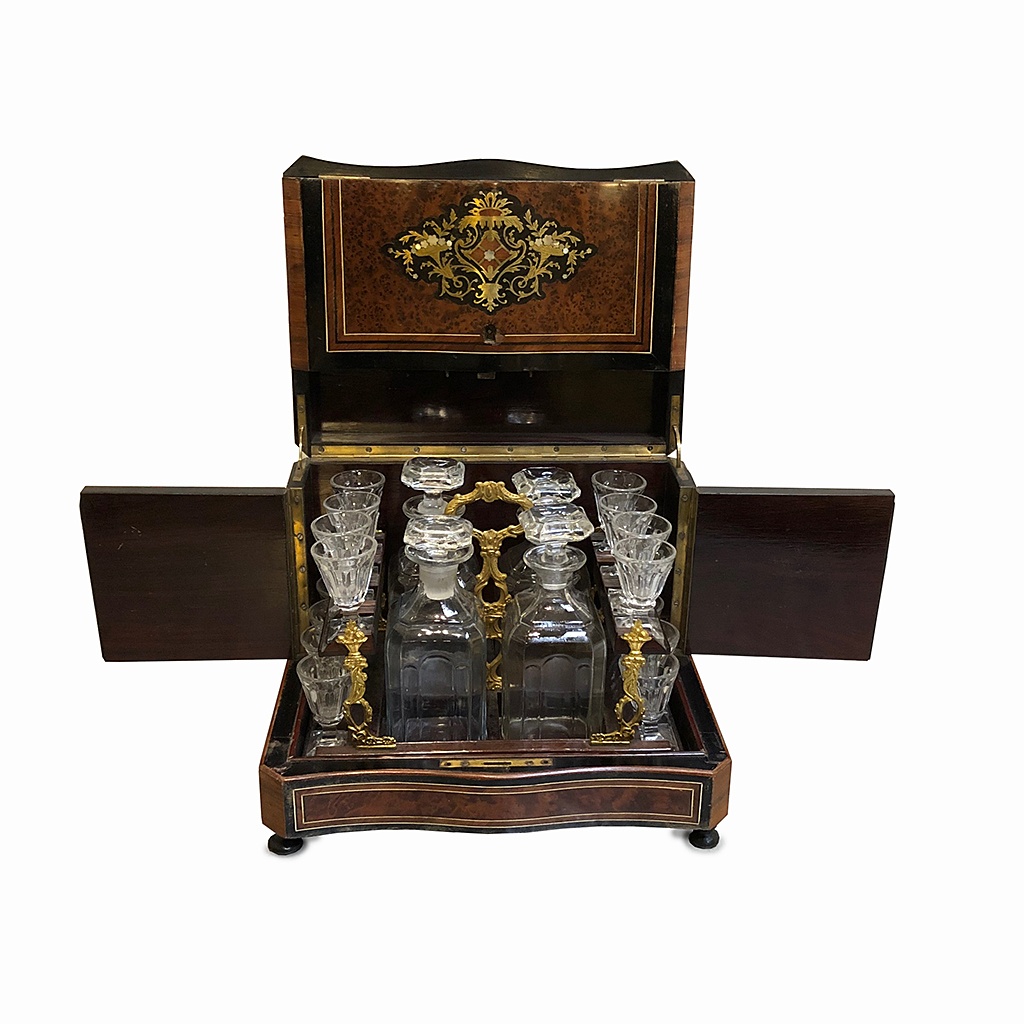 FRENCH BURR WALNUT TANTALUS BOX COMPLETE WITH FOUR DECANTERS AND ...