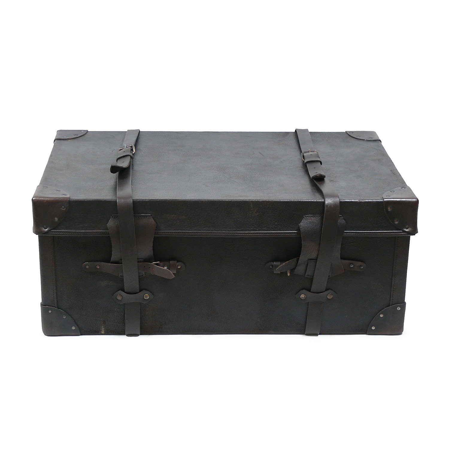LARGE VICTORIAN STYLE BLACK LEATHER TRUNK WITH STRAPS - Authentic ...