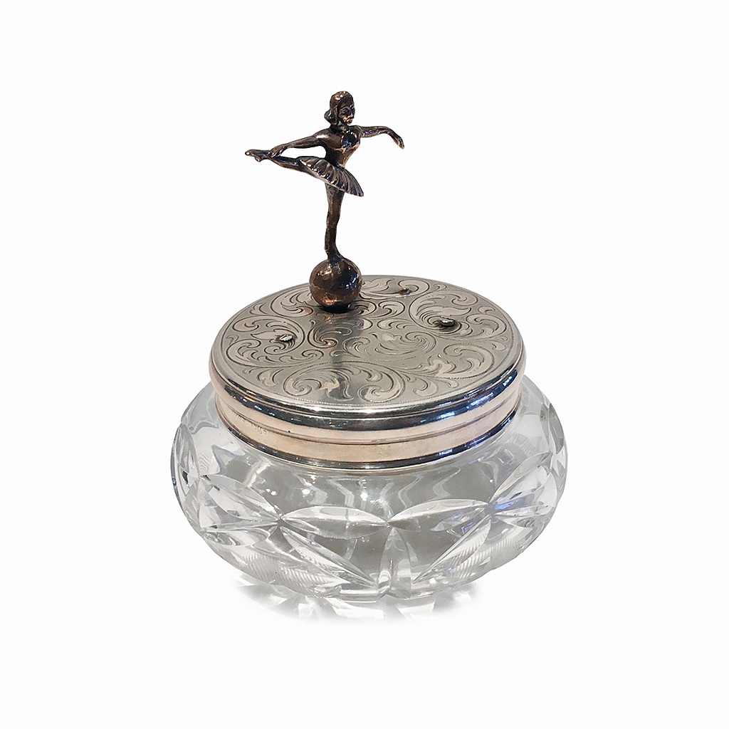 SILVER PLATED BALLERINA MUSICAL BOX FORMED AS A CUT GLASS POWDER BOWL ...