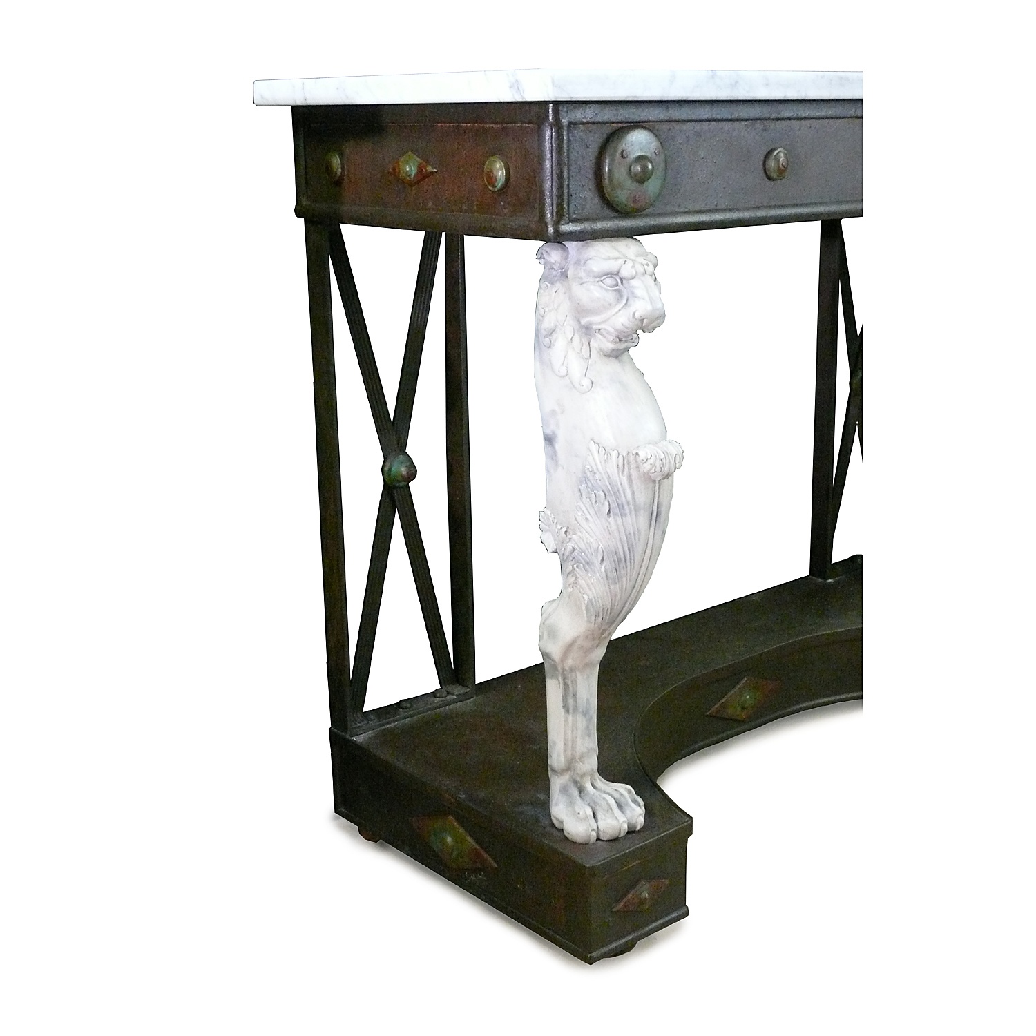 ROMAN STYLE CONSOLE TABLE WROUGHT IRON AND BRONZE MOUNTED WITH WHITE ...