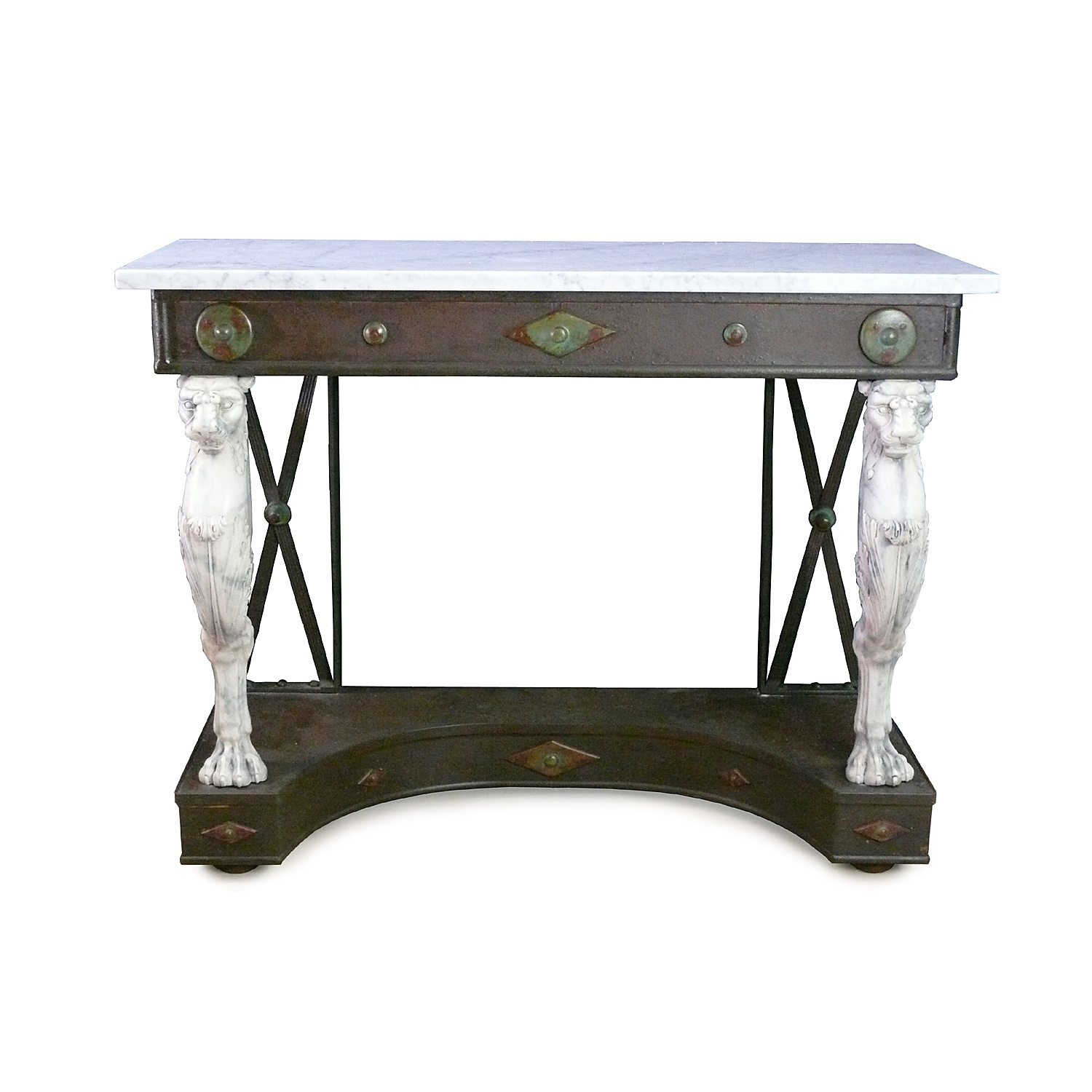 ROMAN STYLE CONSOLE TABLE WROUGHT IRON AND BRONZE MOUNTED WITH WHITE ...