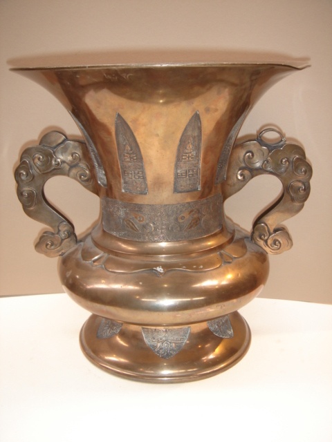 CHINESE POLISHED BRONZE TRUMPET SHAPE VASE WITH LOOP HANDLES ARCHAIC ...