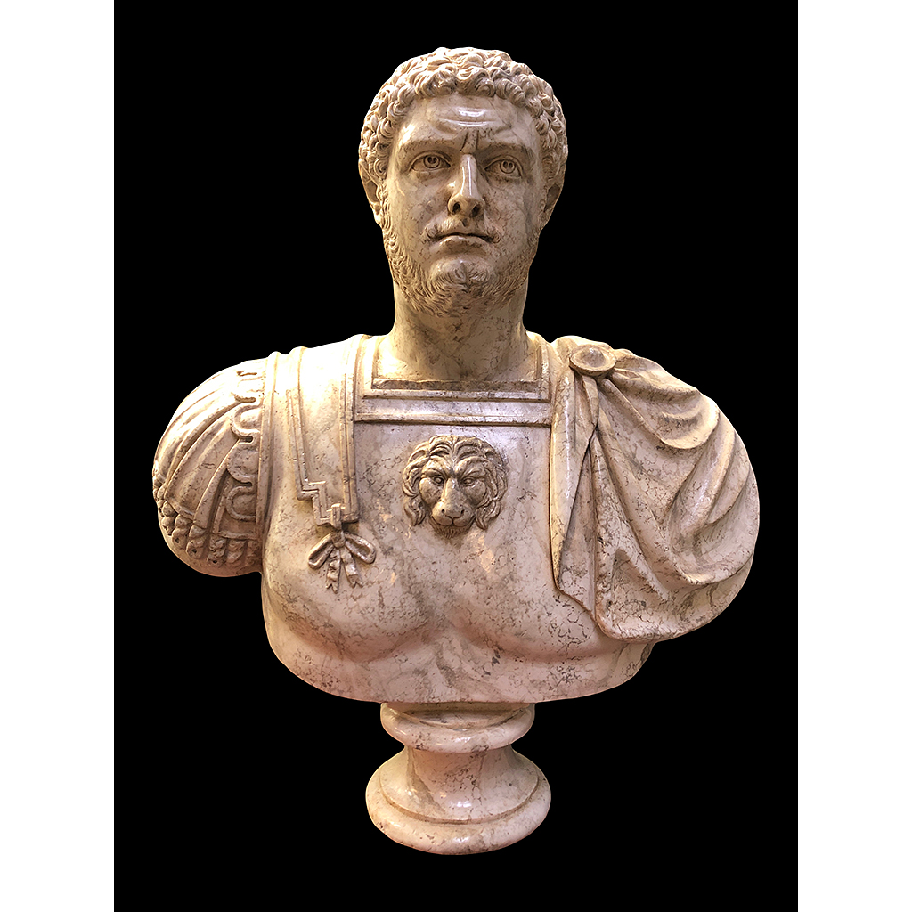 FAUX WHITE MARBLE ROMAN BUST OF HADRIAN WITH CLASSICAL ROBES AND LION ...